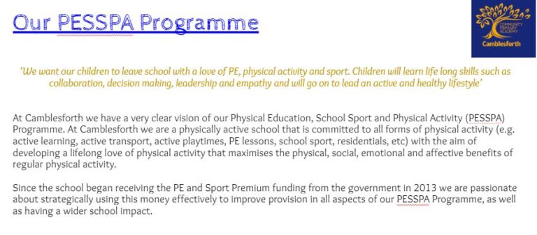 Our PESSPA Programme – Camblesforth Community Primary Academy